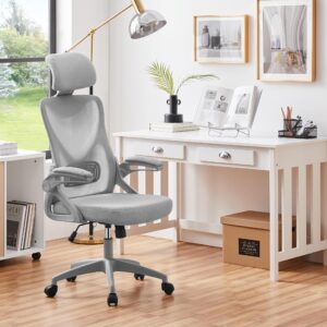 Yaheetech Ergonomic Mesh Office Chair, High Back Desk Chair with with flip-up Armrests, Adjustable Padded Headrest Computer Chair with Lumbar Support for Home Oiffce Game Room, Full Gray