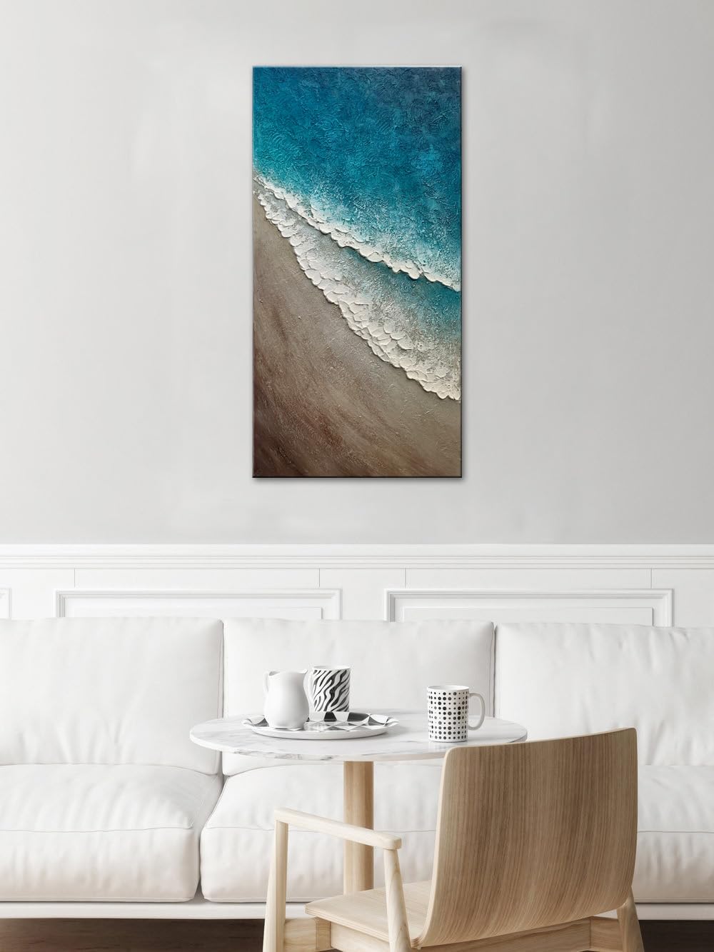 Blue Ocean Sea Wall Art Seaside Hand Painted Oil Painting on Canvas Large Beach Pictures Modern White Wave Artwork for Bedroom Home Office Decor