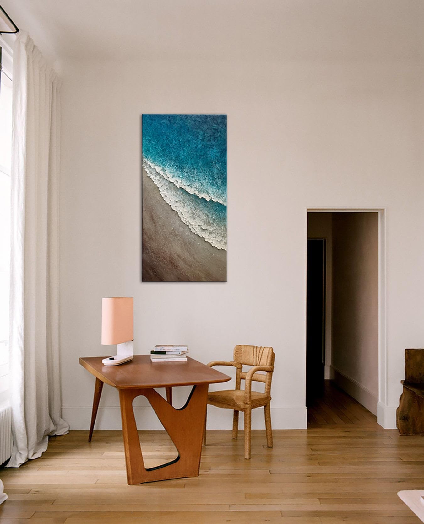 Blue Ocean Sea Wall Art Seaside Hand Painted Oil Painting on Canvas Large Beach Pictures Modern White Wave Artwork for Bedroom Home Office Decor