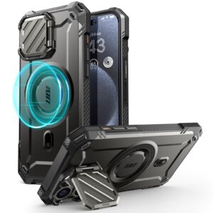 supcase for iphone 15 pro max case with camera cover & stand (ubmag xt) [compatible with magsafe] [built-in kickstand] [military-grade protection] heavy duty rugged magnetic phone case 6.7", black