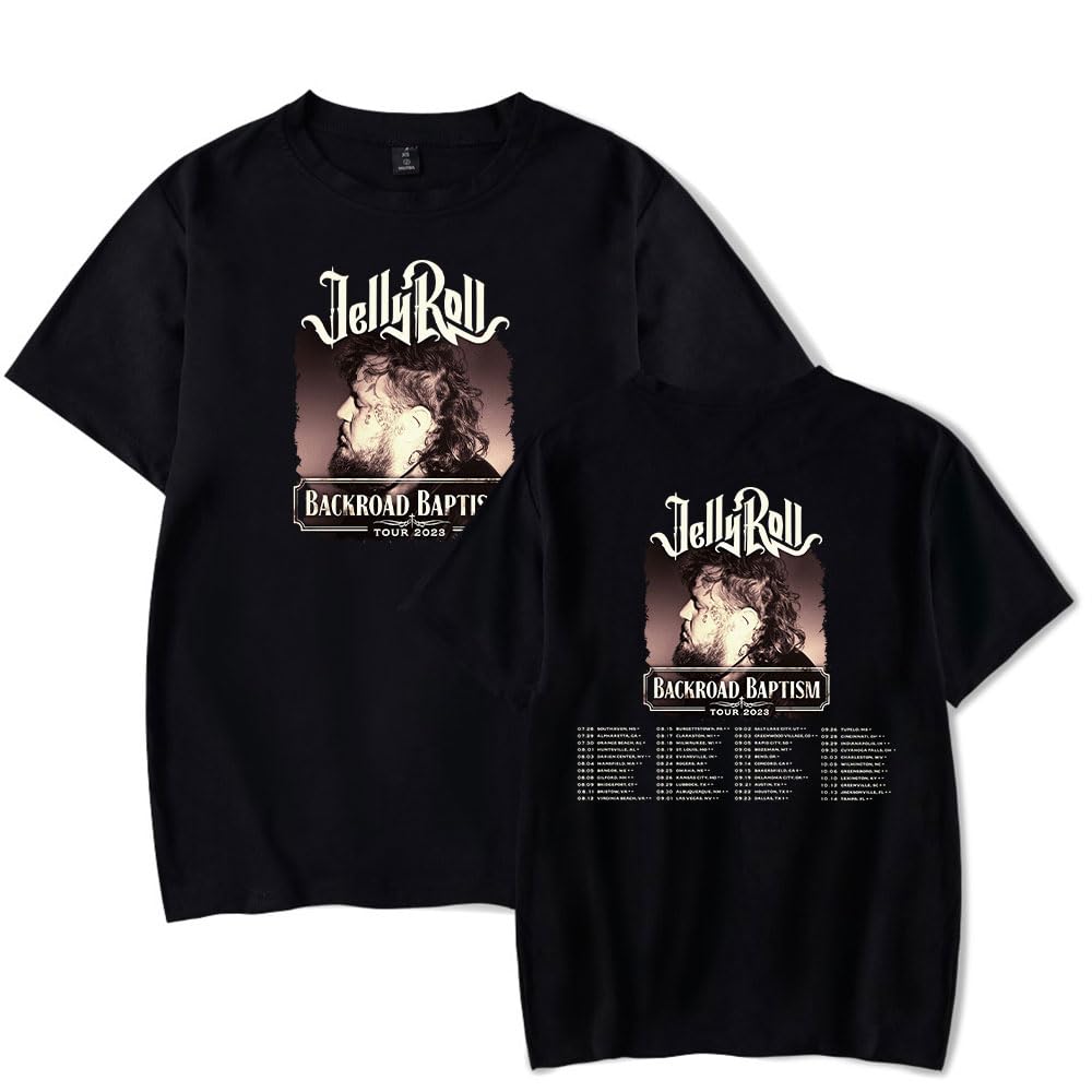 ZJHXQEVC Jelly Roll Shirt Backroad Baptism Tour Merch T-Shirt Women Men Fashion Summer Short Sleeve Streetwear (Black,XL)