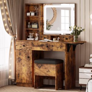 likimio vanity desk with drawers & led lighted mirror & power outlet & cabinet, storage stool, stylish bedroom makeup table set, vintage brown