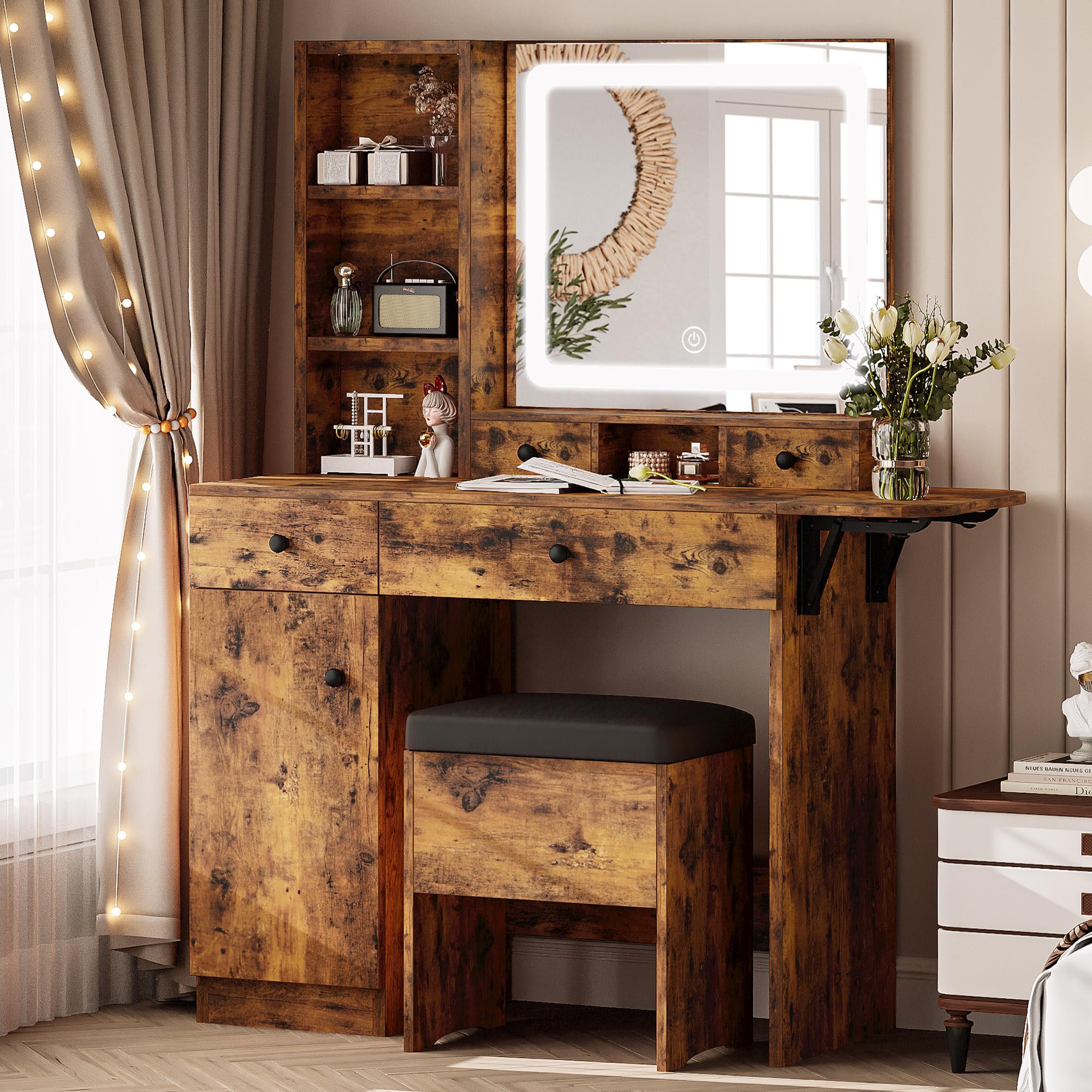 LIKIMIO Vanity Desk with Drawers & LED Lighted Mirror & Power Outlet & Cabinet, Storage Stool, Stylish Bedroom Makeup Table Set, Vintage Brown