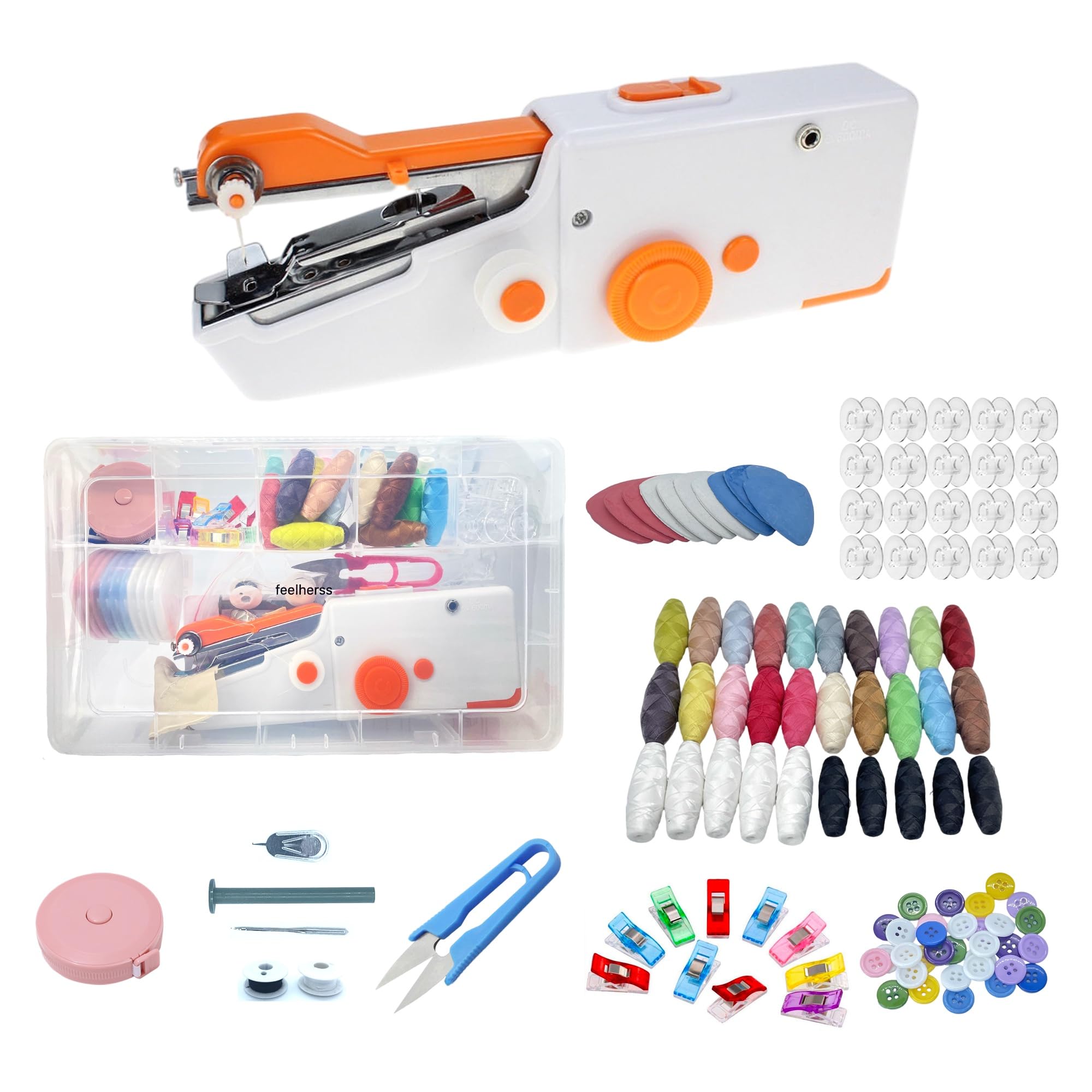 Handheld Sewing Machine,Sewing Kit with Accessories and Tools,Hand held Sewing Device,Mini Sewing Machine for Beginners,for Home and Traveling (Orange)