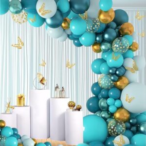 teal balloons garland arch kit - 168pcs different sizes dark teal turquoise blue confetti and gold latex balloons with gold butterflies for baby shower wedding bridal shower birthday party decoration