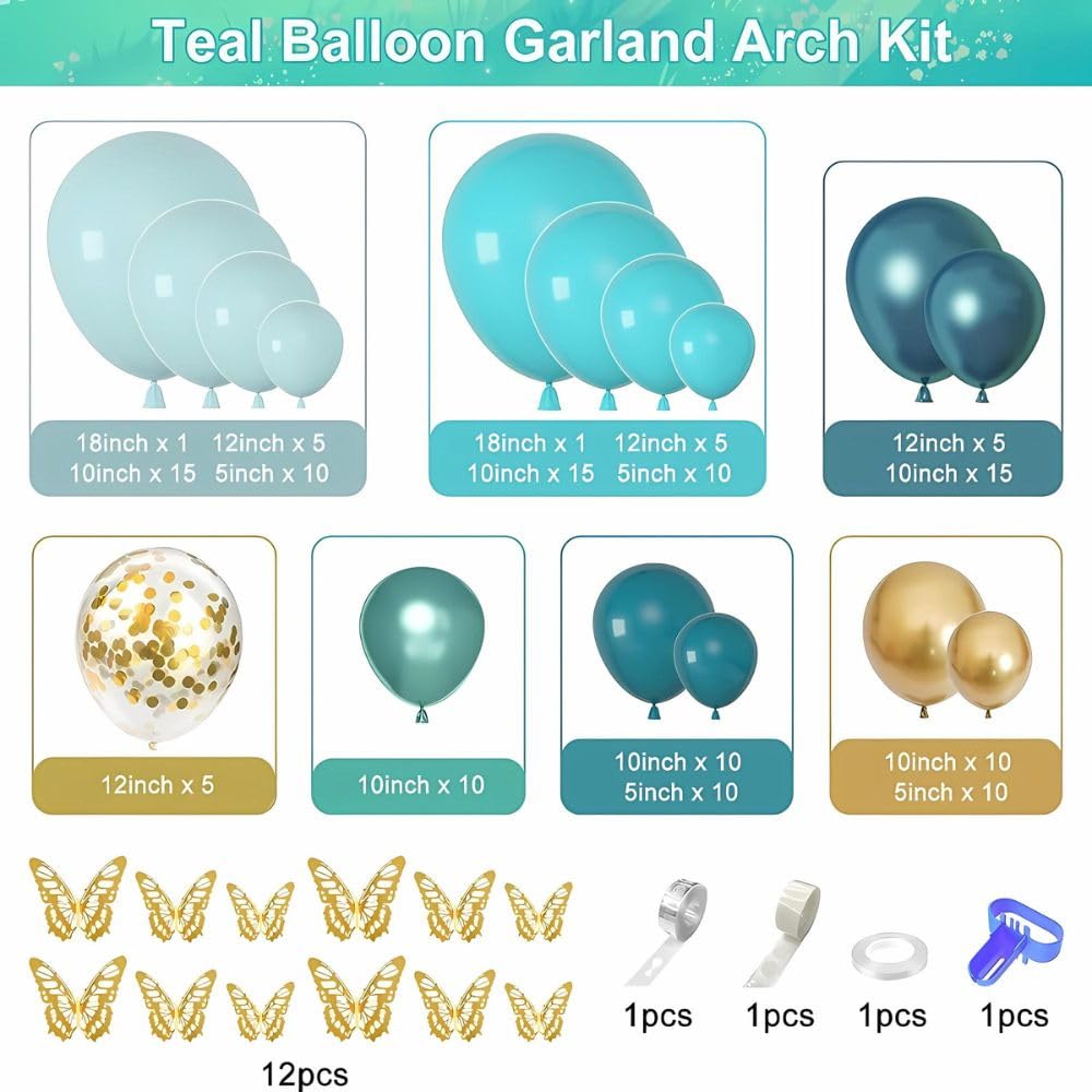 Teal Balloons Garland Arch Kit - 168PCS Different Sizes Dark Teal Turquoise Blue Confetti and Gold Latex Balloons with Gold Butterflies for Baby Shower Wedding Bridal Shower Birthday Party Decoration