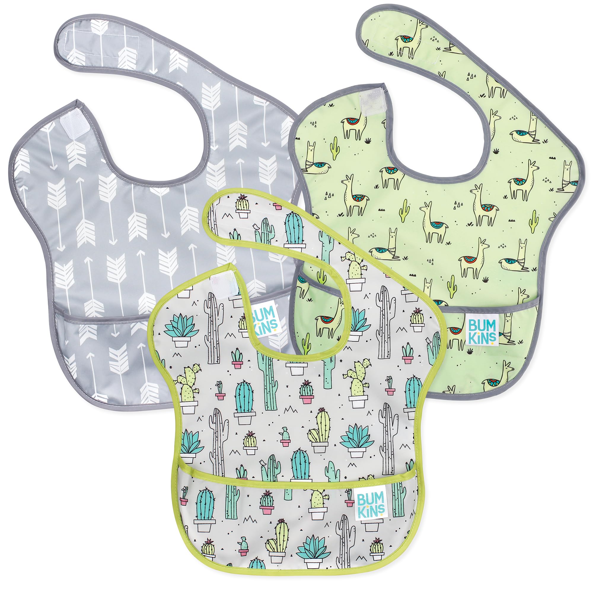 Bumkins Bibs for Girl or Boy, SuperBib Baby and Toddler for 6-24 Months, Essential Must Have for Eating, Feeding, Baby Led Weaning Supplies, Mess Saving, 3-pk Cactus, Llama, Arrows, 3-Pack