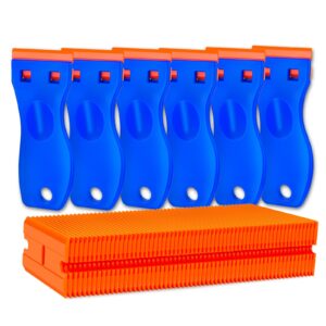 plastic razor blade scraper tool, 6 pcs razor scraper with 60 pcs plastic blades, cleaning scraper remover for removal floor stove scraping labels and decals sticker on car window glass