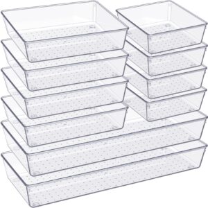 criusia drawer organizer, 10 pack large clear plastic drawer organizers set, 3 size versatile bathroom and vanity drawer organizer trays, storage bins for makeup, bedroom, kitchen gadgets utensils