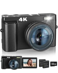 4k digital camera with flash & selfie, 48mp camera for photography with autofocus 16x zoom, anti-shake vlogging camera compact travel digital cameras with flip screen, 32gb memory card, two batteries