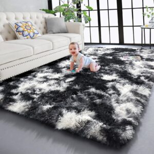 pagisofe black white grey bedroom rug 4x6 ft, soft fluffy fuzzy plush indoor floor area rug for living room kids room playroom dorm home office nursery men boys room decor carpet aesthetic