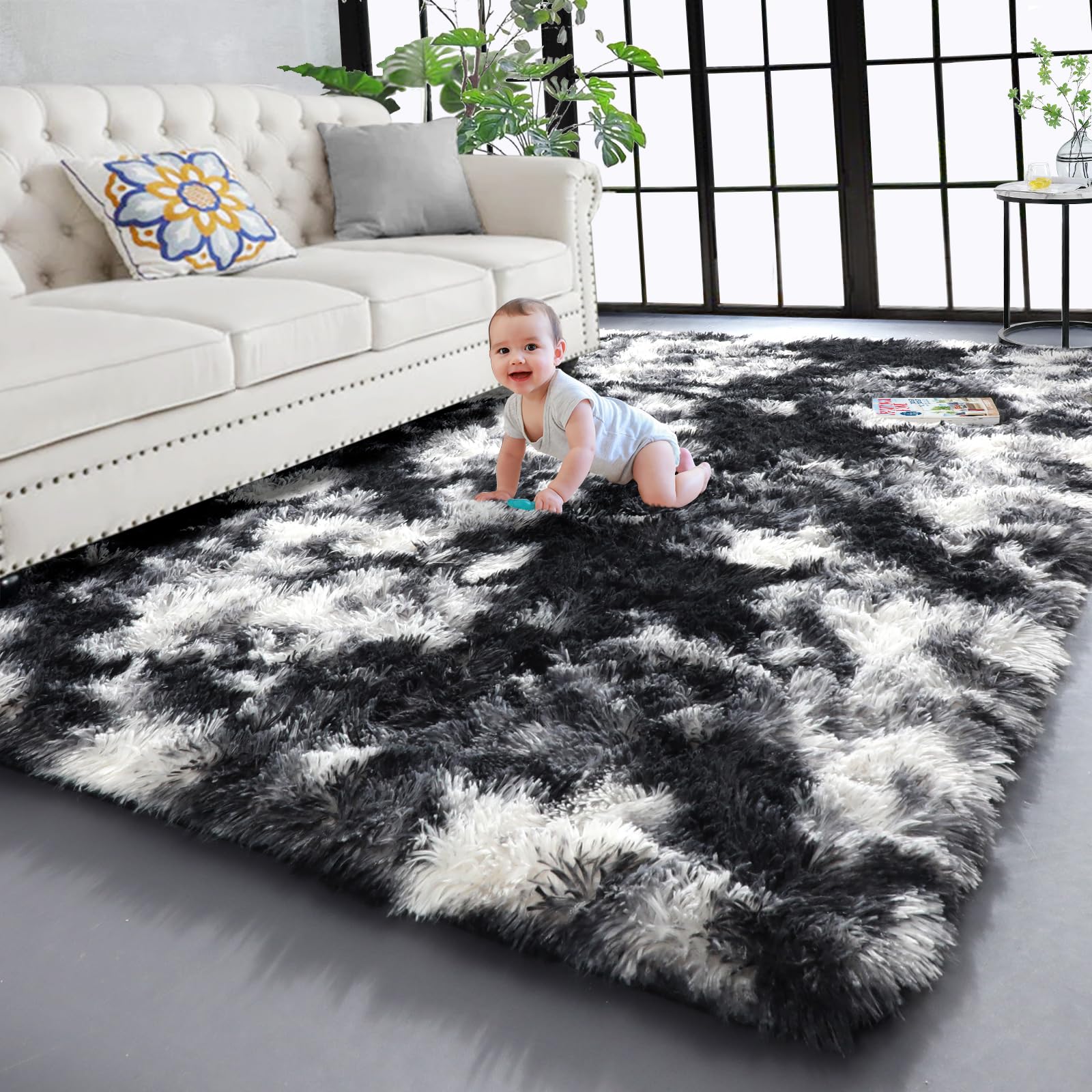 PAGISOFE Black White Grey Bedroom Rug 4x6 Ft, Soft Fluffy Fuzzy Plush Indoor Floor Area Rug for Living Room Kids Room Playroom Dorm Home Office Nursery Men Boys Room Decor Carpet Aesthetic