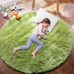 pagisofe green grass round rugs for boys bedroom, fluffy circle rugs for girls room, circular furry area rug for classroom, fuzzy shaggy rug for dorm,fur plush carpet, cute room decor for baby nursery