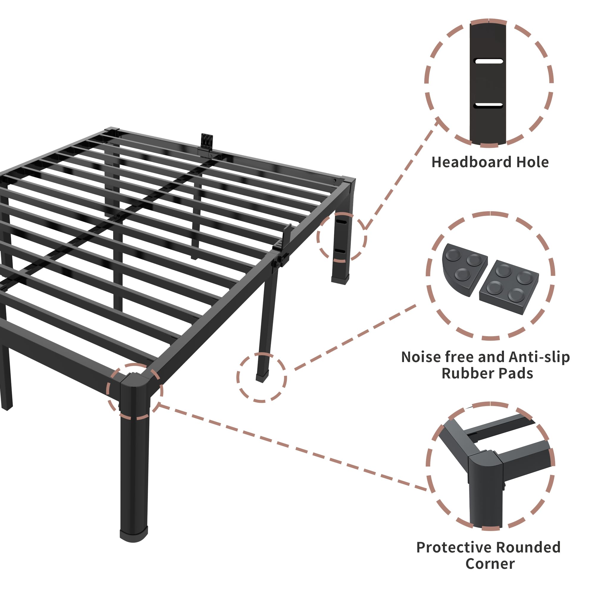 ROIL 18 inch Twin Bed Frames with Headboard Hole and Round Corner Legs Mattress Retainers 3500LBS Heavy Duty Steel Slats No Box Spring Needed Platform Noise-Free Easy Assembly