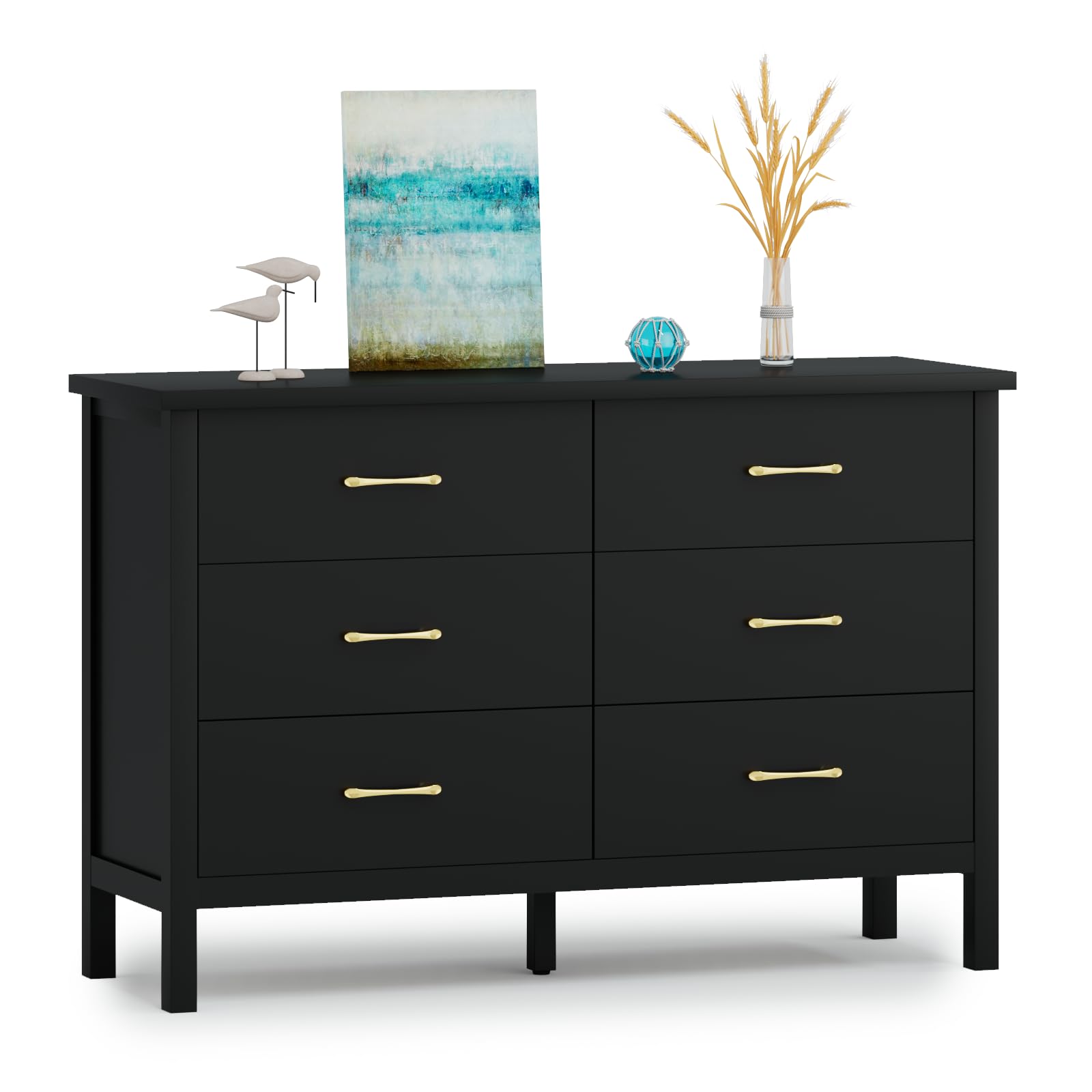 JOZZBY Dresser for Bedroom with 6 Drawers, Modern Black Dresser with Golden Handles, Wood Storage Organizer Chest of Drawers for Nursery, Hallway