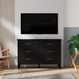 JOZZBY Dresser for Bedroom with 6 Drawers, Modern Black Dresser with Golden Handles, Wood Storage Organizer Chest of Drawers for Nursery, Hallway