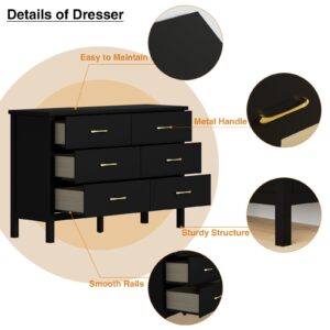 JOZZBY Dresser for Bedroom with 6 Drawers, Modern Black Dresser with Golden Handles, Wood Storage Organizer Chest of Drawers for Nursery, Hallway