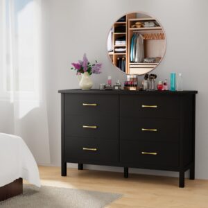 JOZZBY Dresser for Bedroom with 6 Drawers, Modern Black Dresser with Golden Handles, Wood Storage Organizer Chest of Drawers for Nursery, Hallway