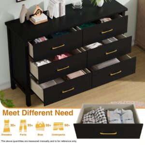 JOZZBY Dresser for Bedroom with 6 Drawers, Modern Black Dresser with Golden Handles, Wood Storage Organizer Chest of Drawers for Nursery, Hallway