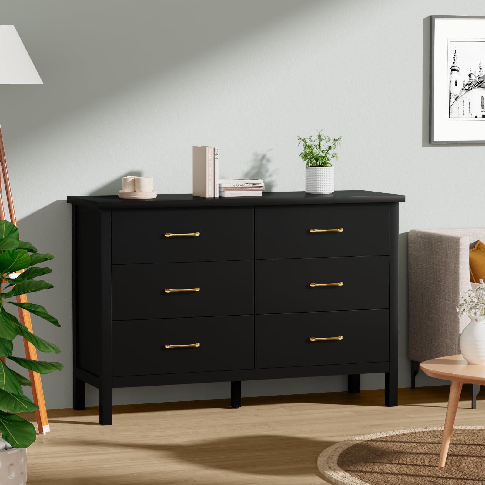 JOZZBY Dresser for Bedroom with 6 Drawers, Modern Black Dresser with Golden Handles, Wood Storage Organizer Chest of Drawers for Nursery, Hallway