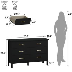 JOZZBY Dresser for Bedroom with 6 Drawers, Modern Black Dresser with Golden Handles, Wood Storage Organizer Chest of Drawers for Nursery, Hallway