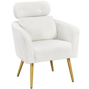 yaheetech accent chair, cozy living room chair with adjustable headrest, boucle vanity chair with lumbar pillow and golden legs, modern armchair for bedroom lounge waiting room office, white