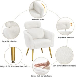 Yaheetech Accent Chair, Cozy Living Room Chair with Adjustable Headrest, Boucle Vanity Chair with Lumbar Pillow and Golden Legs, Modern Armchair for Bedroom Lounge Waiting Room Office, White