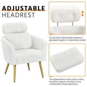 Yaheetech Accent Chair, Cozy Living Room Chair with Adjustable Headrest, Boucle Vanity Chair with Lumbar Pillow and Golden Legs, Modern Armchair for Bedroom Lounge Waiting Room Office, White