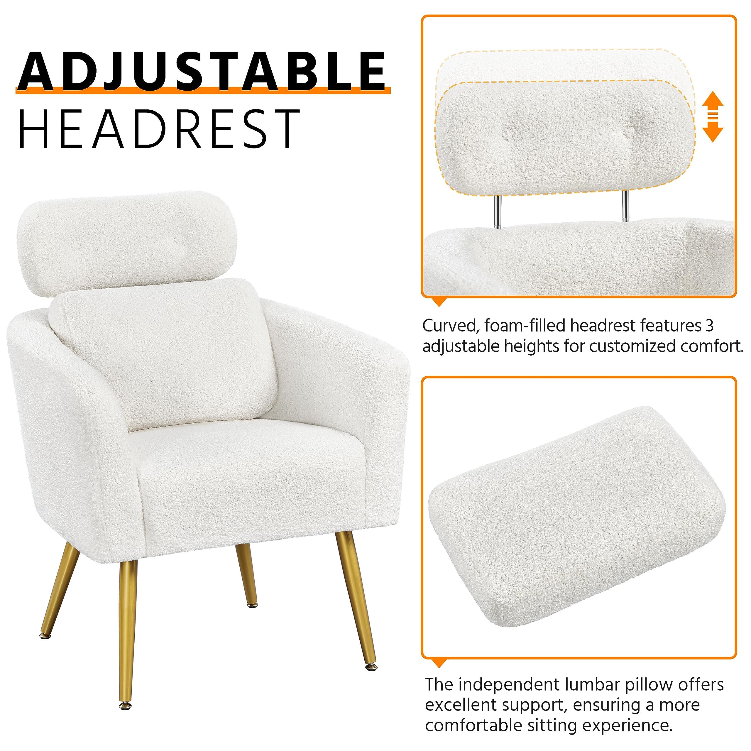 Yaheetech Accent Chair, Cozy Living Room Chair with Adjustable Headrest, Boucle Vanity Chair with Lumbar Pillow and Golden Legs, Modern Armchair for Bedroom Lounge Waiting Room Office, White