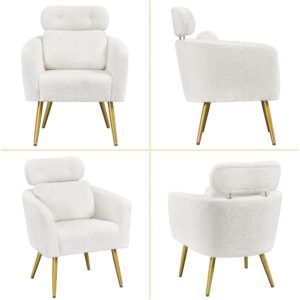 Yaheetech Accent Chair, Cozy Living Room Chair with Adjustable Headrest, Boucle Vanity Chair with Lumbar Pillow and Golden Legs, Modern Armchair for Bedroom Lounge Waiting Room Office, White