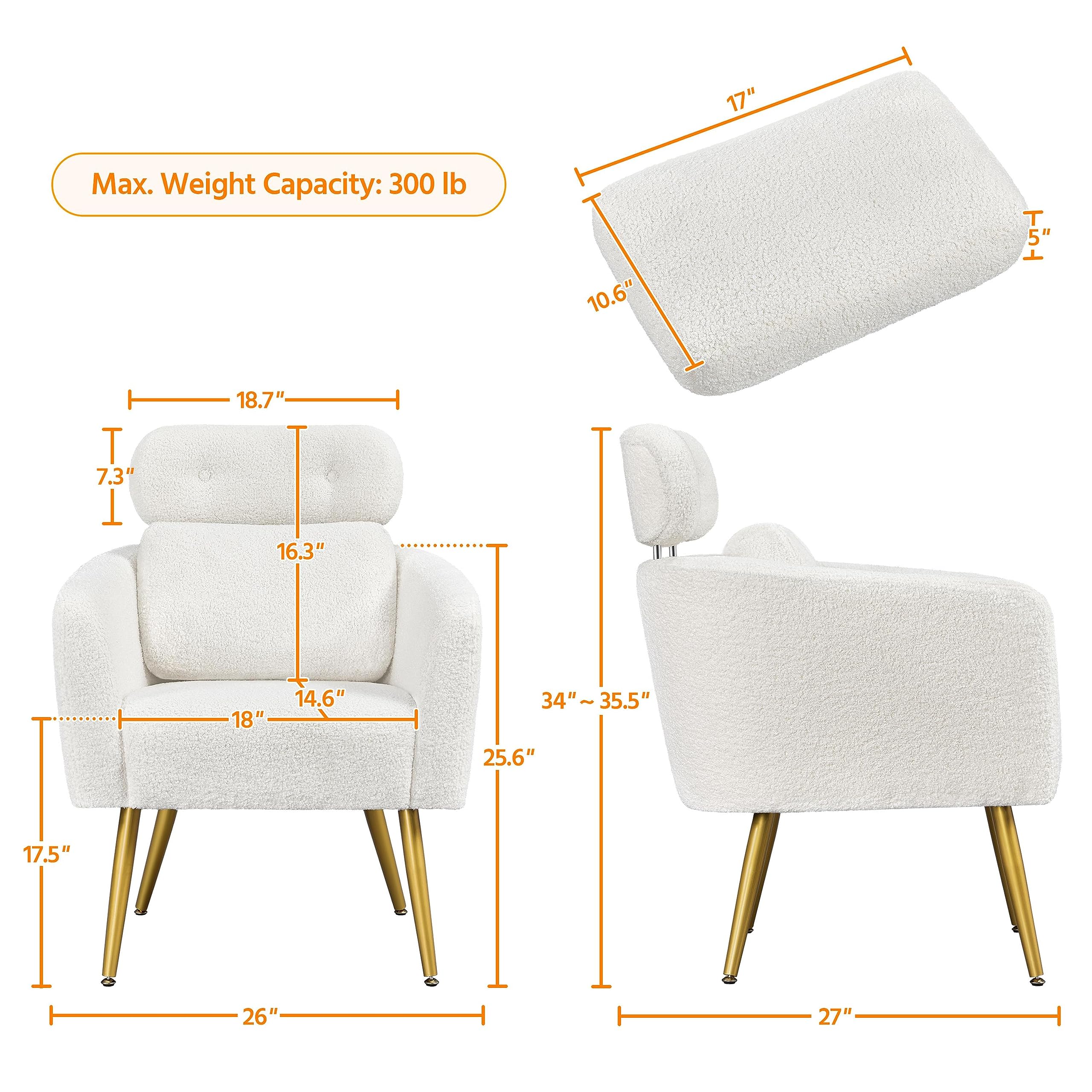 Yaheetech Accent Chair, Cozy Living Room Chair with Adjustable Headrest, Boucle Vanity Chair with Lumbar Pillow and Golden Legs, Modern Armchair for Bedroom Lounge Waiting Room Office, White