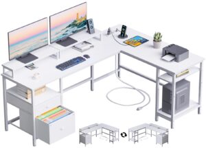 furologee white 66” l shaped desk with power outlet, reversible computer desk with file drawer & 2 monitor stands, home office desk with storage shelves, corner desk for gaming writing