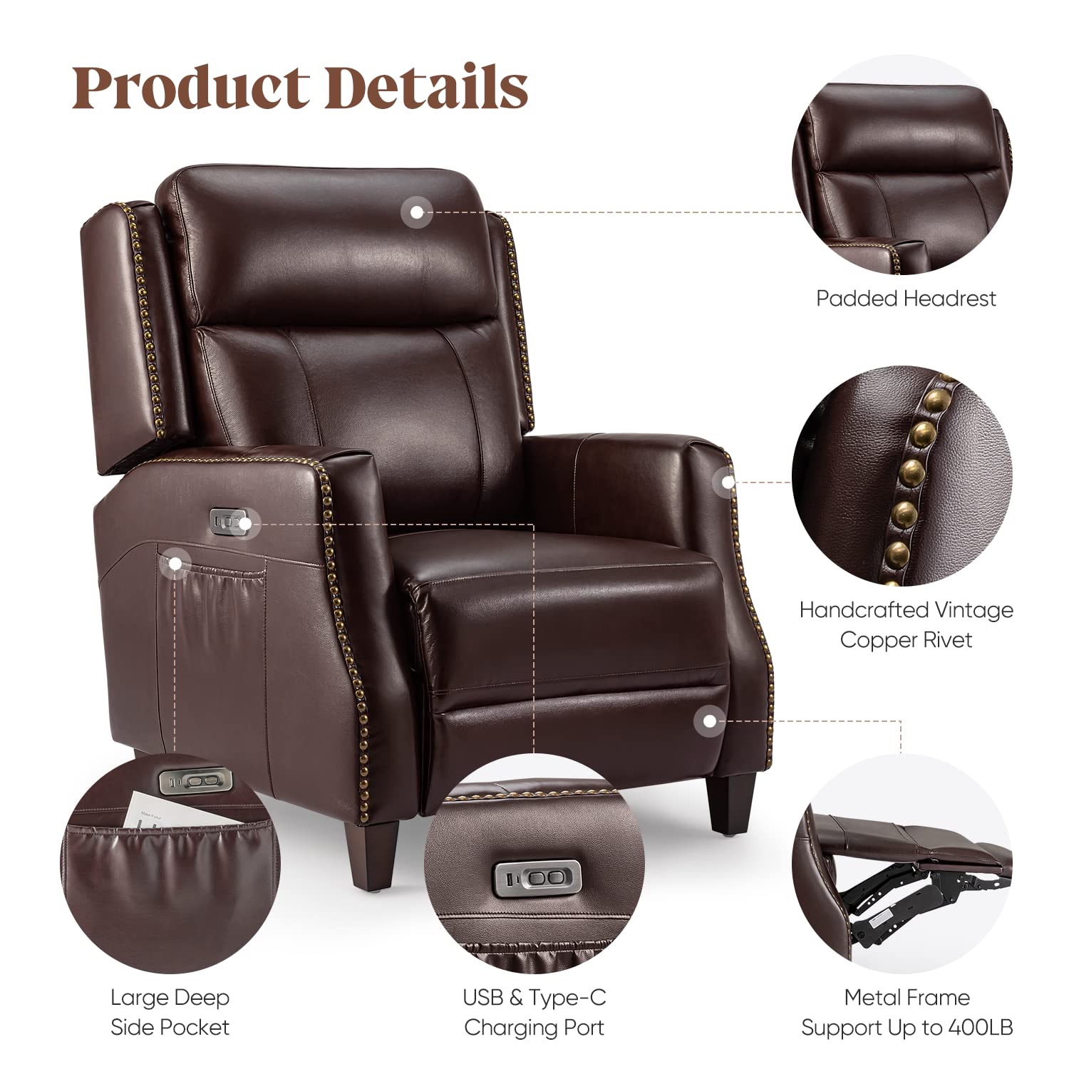 BMBMT Recliner Chair Lounge Brown, Genuine Leather Recliner with Retro Rivet Design, Soft & Breathable & Cool, Power Recliner Chair for Living Room, Bedroom, Office, Home Theater