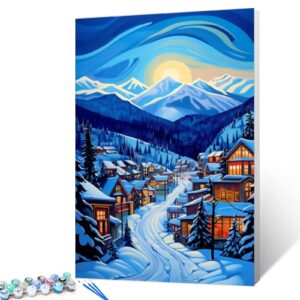 dramatic village paint by numbers kits winter night landscape in countryside with house acrylic oil painting for adults kids full moon pictures art craft farmhouse decor nordics gift(frameless)