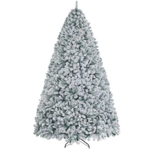 yaheetech 9ft premium snow flocked hinged artificial christmas fake spruce full tree for home office party decoration with 2108 branch/pvc tips/foldable stand