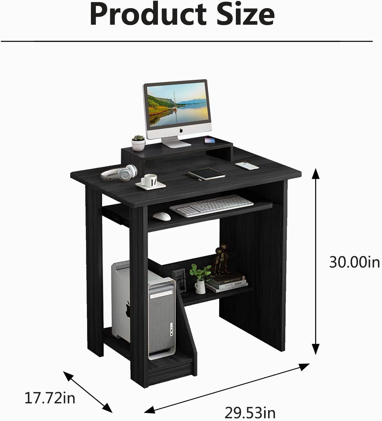 NEWSENDY Computer Desk with Keyboard Tray and CPU Stand, 30 Inch Small PC Desk for Home Office, Laptop Desk with Monitor Shelf and Storage Shelves, Writing Study Desk for Small Spaces, Black