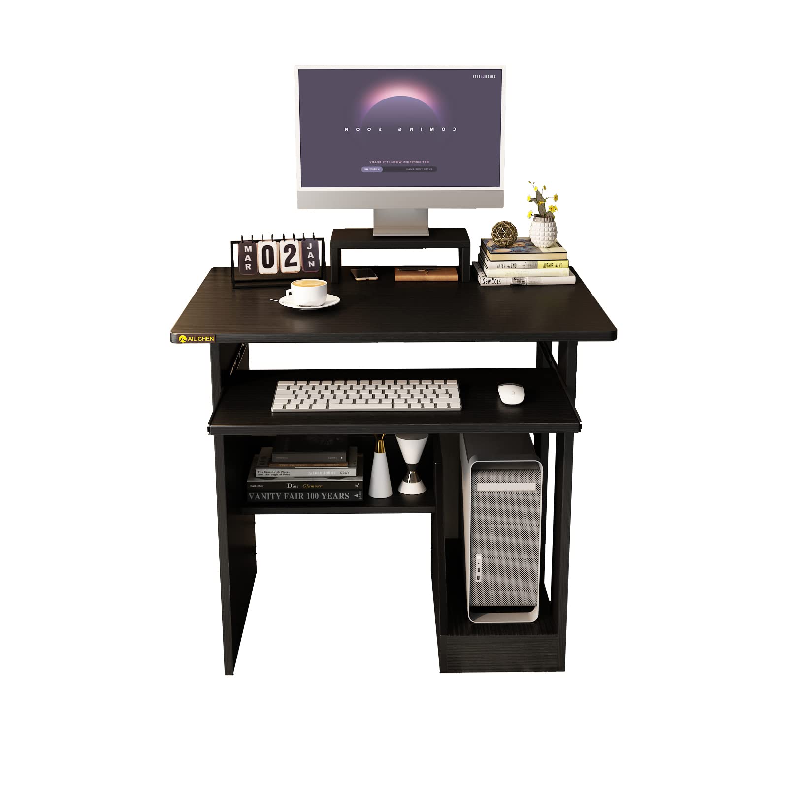 NEWSENDY Computer Desk with Keyboard Tray and CPU Stand, 30 Inch Small PC Desk for Home Office, Laptop Desk with Monitor Shelf and Storage Shelves, Writing Study Desk for Small Spaces, Black