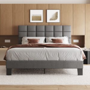 lifezone queen bed frame with headboard upholstered bed frame with linen tufted headboard,wood slats support,no boxing needed,heavy duty feet,easy assembly,light grey