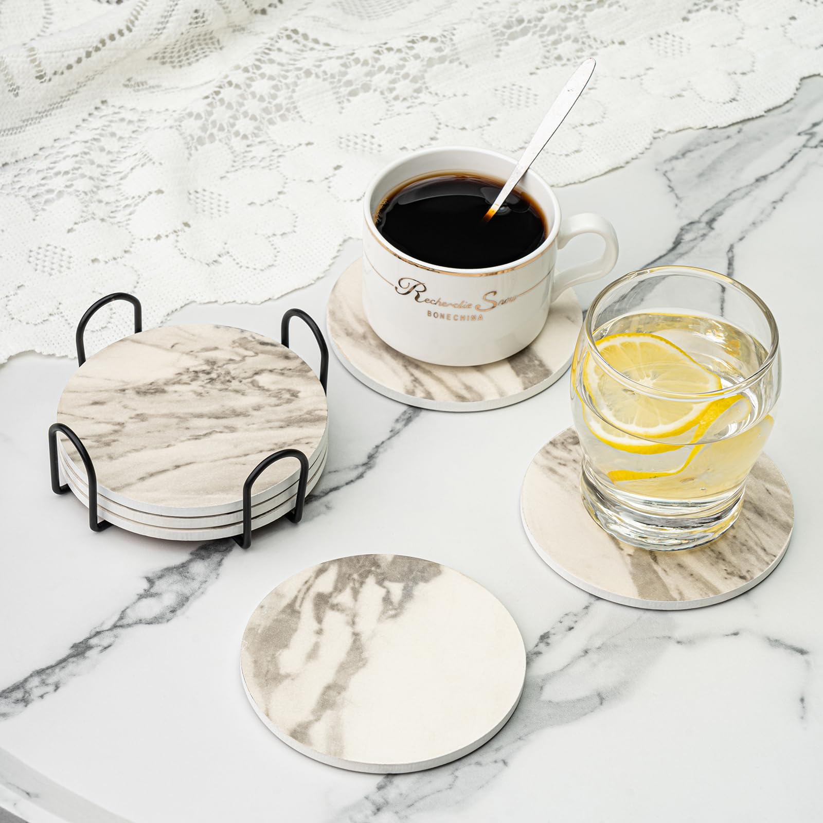 Ll.TOPWP 6Pcs Wooden Coasters for Drinks with Holder,Marble Style Drink Coaster,Non-Absorbent,Coasters for Coffee Table,Office&Home Decor,Suitable for Kinds of Cups,4 Inches