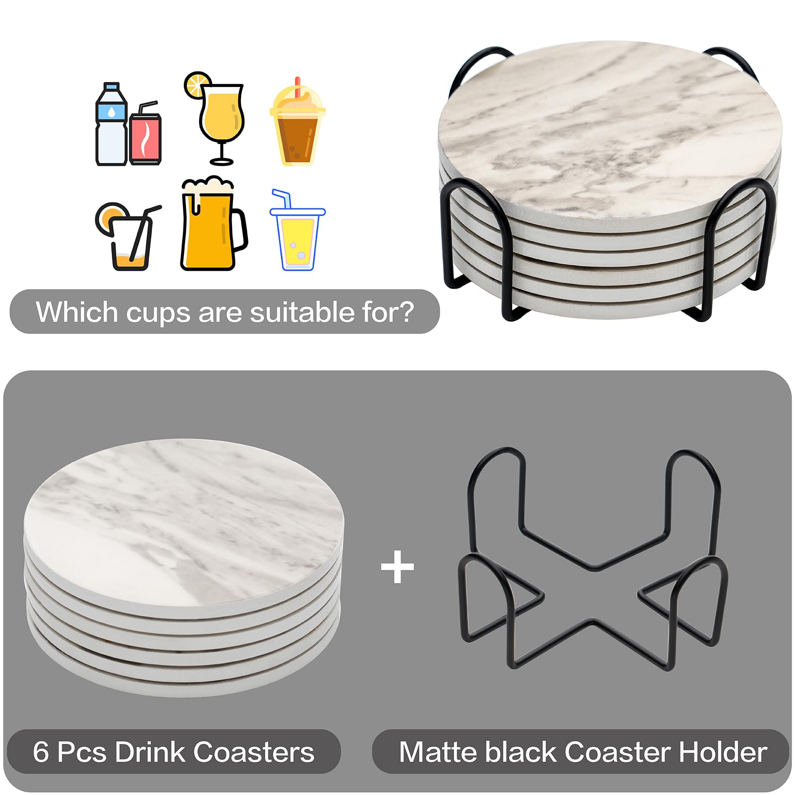 Ll.TOPWP 6Pcs Wooden Coasters for Drinks with Holder,Marble Style Drink Coaster,Non-Absorbent,Coasters for Coffee Table,Office&Home Decor,Suitable for Kinds of Cups,4 Inches