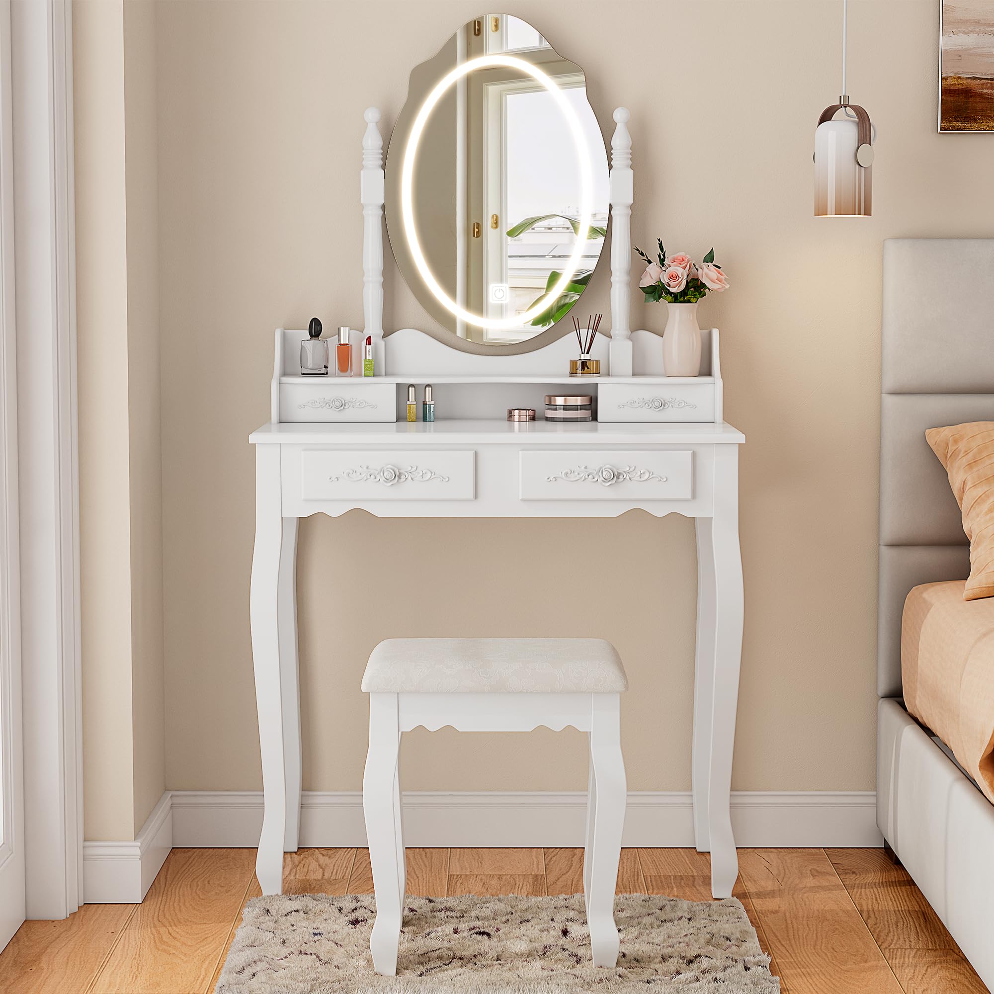 Vanity Desk with Mirror and Lights, Modern Vanity Makeup Table and Cushioned Stool Set with 4 Drawers, 3 Color Lighting Modes with Adjustable Brightness, Dressing Table Set for Bedroom (White)