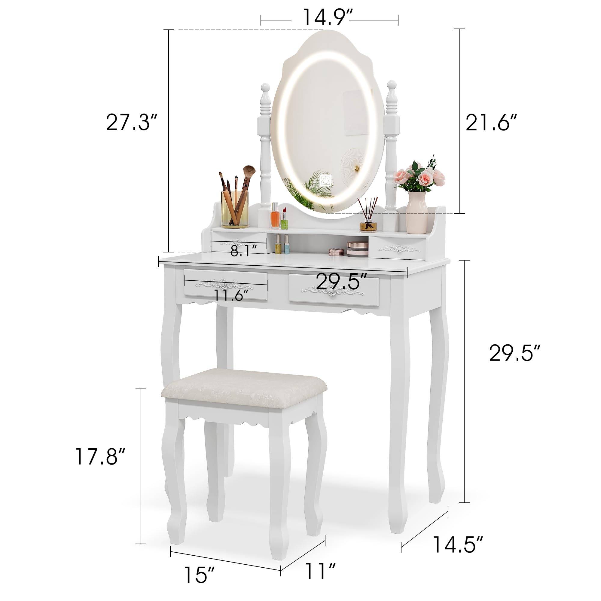 Vanity Desk with Mirror and Lights, Modern Vanity Makeup Table and Cushioned Stool Set with 4 Drawers, 3 Color Lighting Modes with Adjustable Brightness, Dressing Table Set for Bedroom (White)