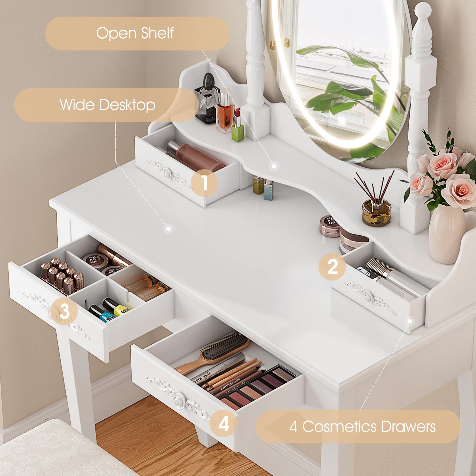 Vanity Desk with Mirror and Lights, Modern Vanity Makeup Table and Cushioned Stool Set with 4 Drawers, 3 Color Lighting Modes with Adjustable Brightness, Dressing Table Set for Bedroom (White)