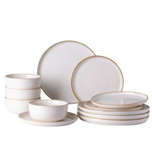 gbhome ceramic dinnerware sets for 4, 12 pieces stoneware plates and bowls sets, chip and scratch resistant dishes, dishwasher & microwave safe, reactive glaze-white