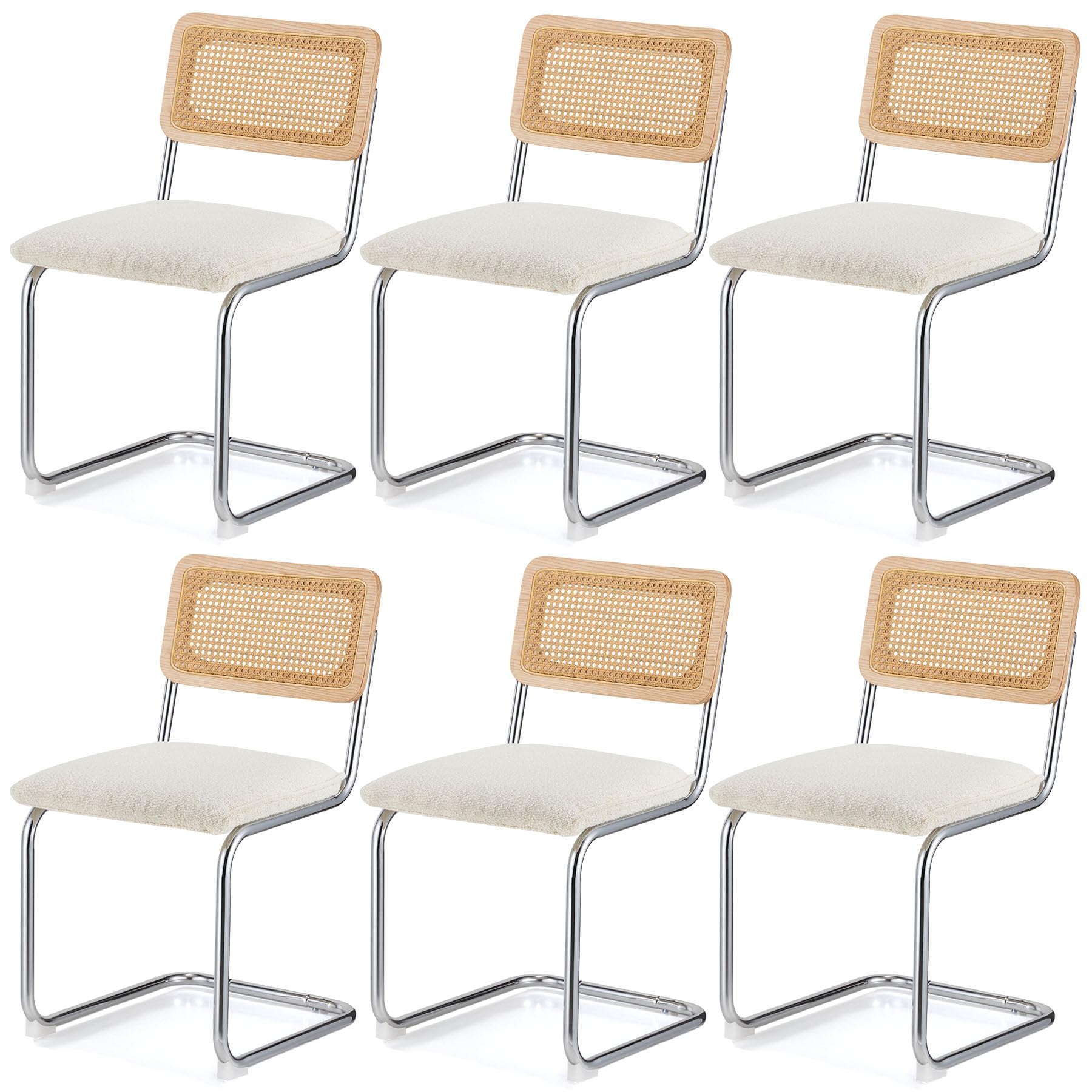 SWHSE 32.5" Rattan Chairs Set of 6, Upholstered Boucle Mid-Century Modern Dining Chairs Set of 6 with 3-layer Thickened Cushion and Galvanize Tube Frame for Dining Room, Kitchen, Living Room(White)