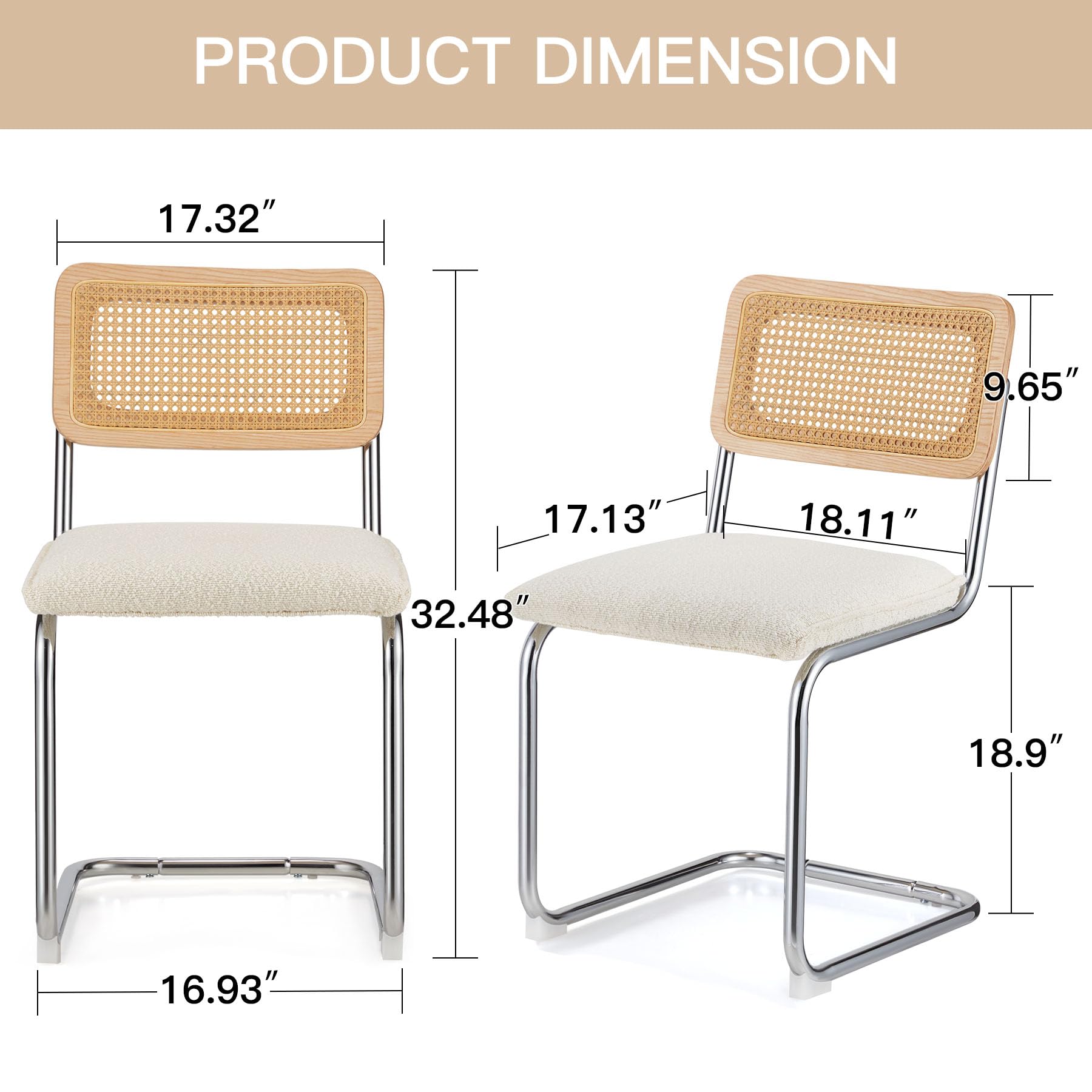 SWHSE 32.5" Rattan Chairs Set of 6, Upholstered Boucle Mid-Century Modern Dining Chairs Set of 6 with 3-layer Thickened Cushion and Galvanize Tube Frame for Dining Room, Kitchen, Living Room(White)