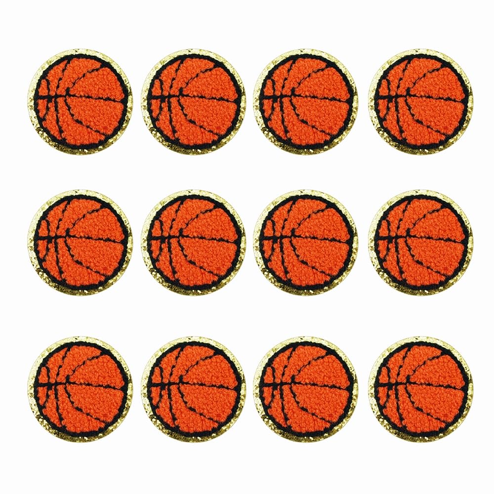 SaktopDeco 12 PCS Basketball Patch Gold Edges Chenille Patches Basketball Iron On Patch Sports Patches for Bags Hat DIY Clothing Repair