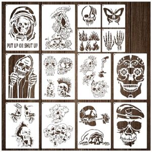 14 pieces skull stencils reusable, scary skeleton stencils fire template skull flame stencils stencils for painting on wood, wall, canvas, scrapbook decorations diy craft projects (14 skull)