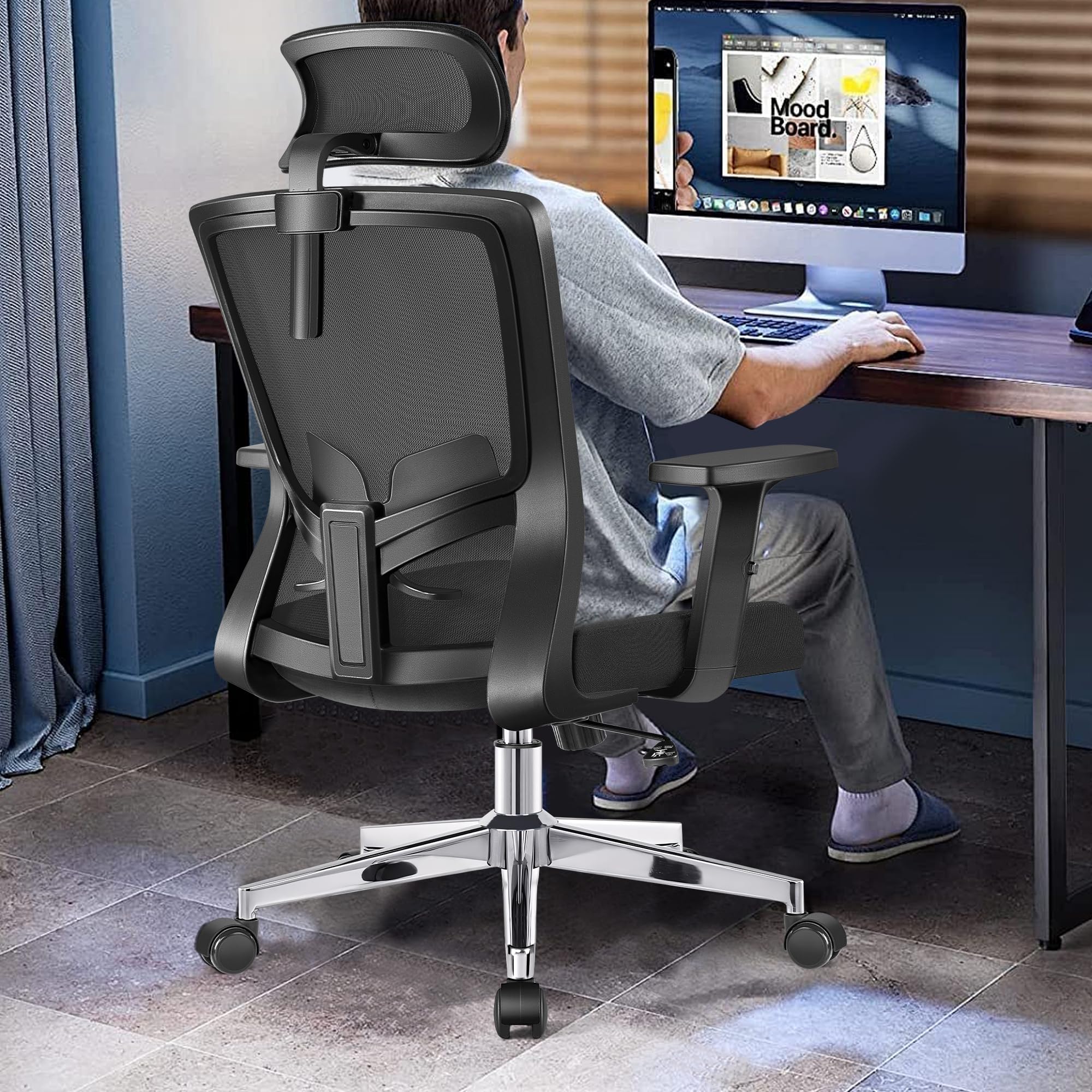 Brick Attic Office Chair, Ergonomic Desk Chair High Back Computer Chair Swivel Mesh Task Chair with Adjustable Lumbar Support Armrests Headrest Black