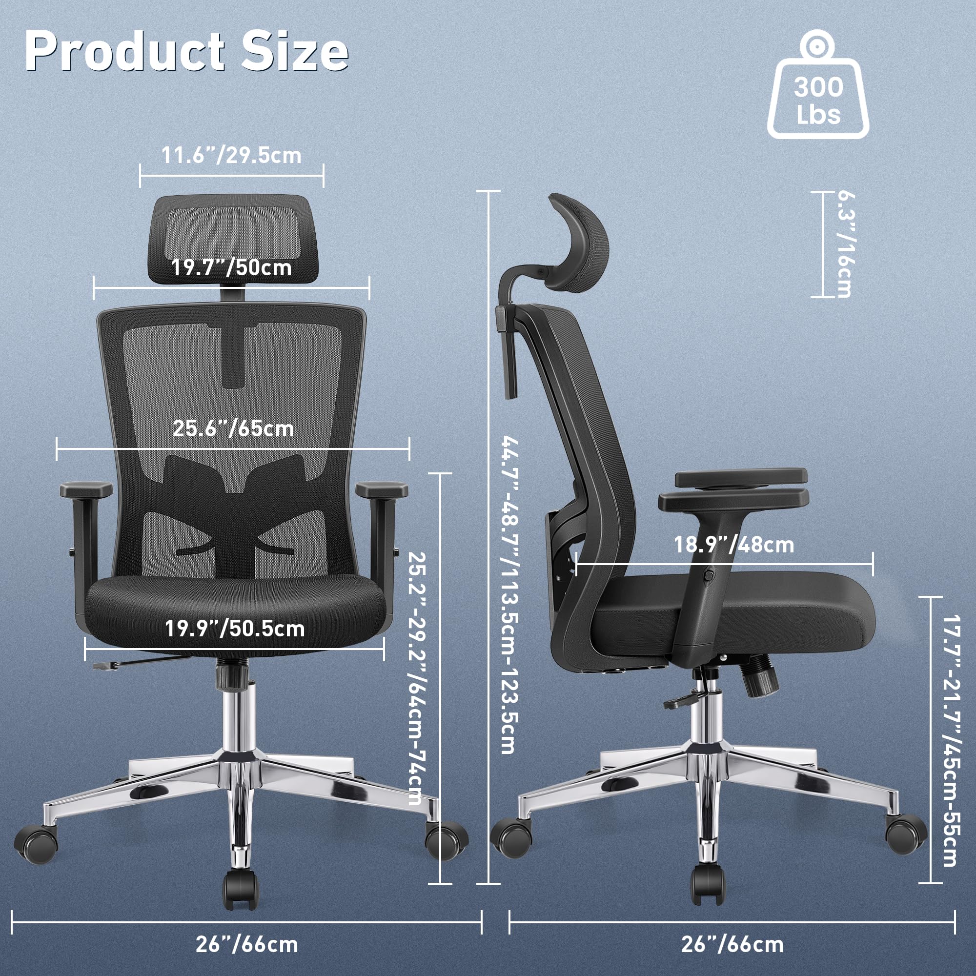 Brick Attic Office Chair, Ergonomic Desk Chair High Back Computer Chair Swivel Mesh Task Chair with Adjustable Lumbar Support Armrests Headrest Black